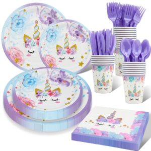 168 pcs unicorn birthday party decorations, unicorn party supplies, unicorn plates and napkin tableware set for baby shower, birthday, graduation, bridal shower, holiday party (purple)