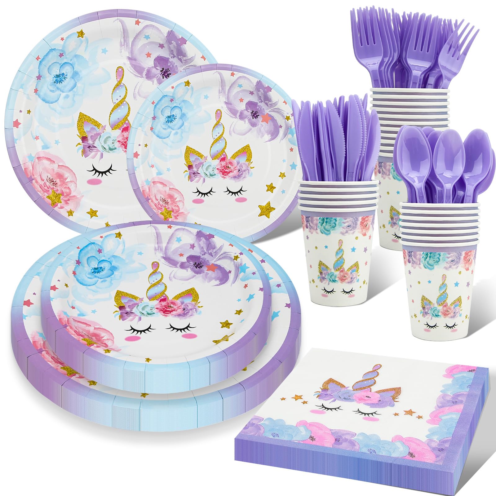 168 Pcs Unicorn Birthday Party Decorations, Unicorn Party Supplies, Unicorn Plates and Napkin Tableware Set for Baby Shower, Birthday, Graduation, Bridal Shower, Holiday Party (purple)