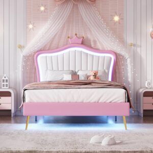 Crown Headboard Twin Size Princess Bed for Girls,Upholstered Twin Bed Frame with LED Lights for Kids,Twin Bed for Girls,Adjusted Headboard(Twin,Pink)