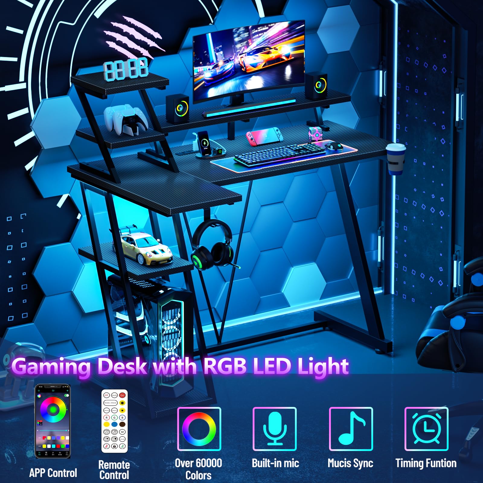 Reversible Corner Gaming Desk with LED Lights & Power Outlet, Computer Desk with Extra Storage Shelves, Small L Shaped Gamer Workstations with Monitor Stand for Bedroom, 39 Inch, Carbon Fiber Black