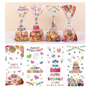 totelux happy birthday cellophane gift bags clear candy bags plastic treat goodies bags with ties for cookies gift packaging birthday party supplies 50pcs