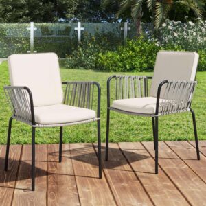 dwvo patio chairs outdoor dining sets with arms and seat cushions, rope & rattan patio chairs set of 2 perfect for garden porch backyard poolside balcony, grey