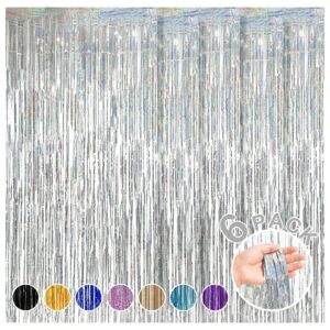 6 pack foil fringe backdrop curtains, 3.28 x 8.2 ft laser silver tinsel streamers metallic tinsel foil fringe curtains photo booth backdrop for birthday bridal shower christmas party decorations