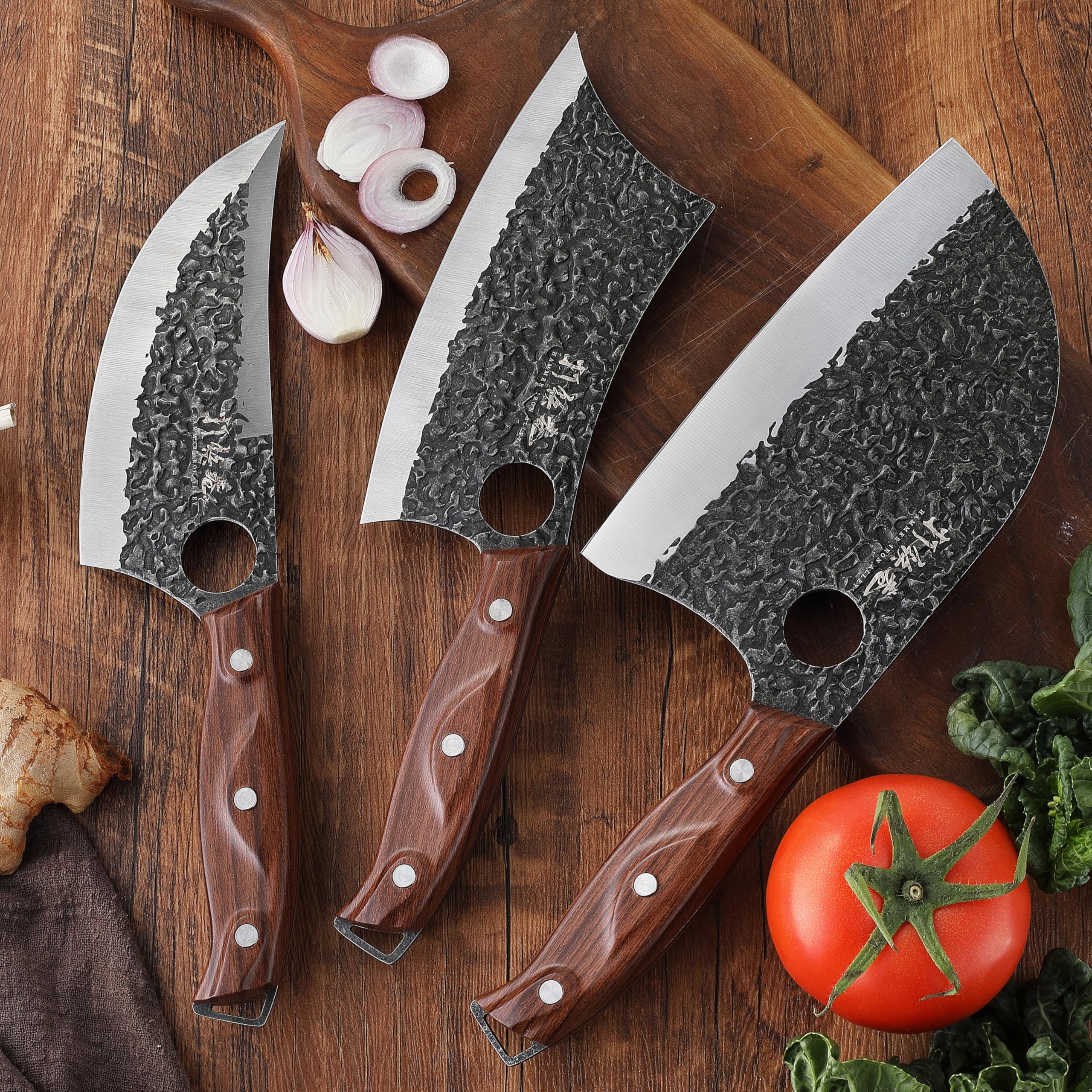 3PCS Butcher Knife Set, 7" Butcher Meat Cleaver, 7" Serbian Chef Knife and 6.5" Viking Knife, Hand Forged Kitchen Knife Set with Plastic Handle, Geat for Home, Camping, BBQ (Unique Finger Hole Design)