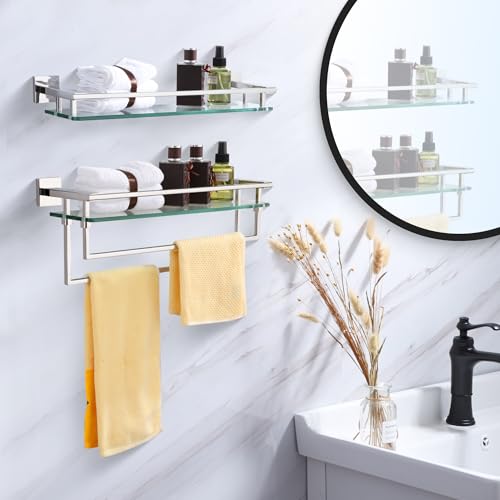 LANC Chrome Bathroom Shelf Glass Shelves 20-Inch Floating Tempered Glass Shelf Rectangular Stainless Steel Wall Mounted Silver Polished Shelves for Bathroom Kitchen Organizers Accessories，A7613CP