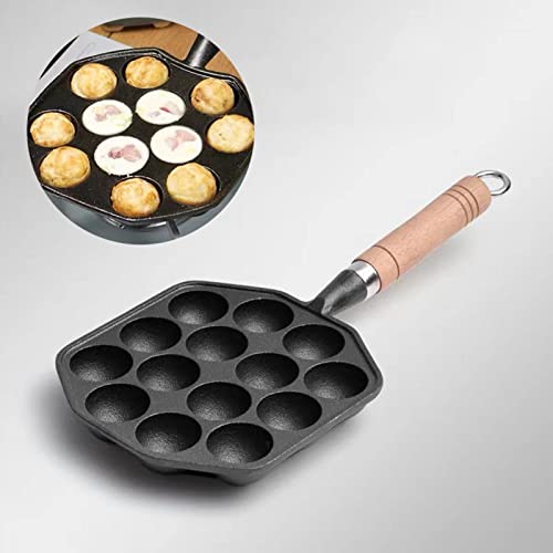 Takoyaki Maker, Cast Iron Takoyaki Pan 14 Holes Nonstick Baking Plate Pancake Grill Pan with Detachable Handle for Home Kitchen Restaurant