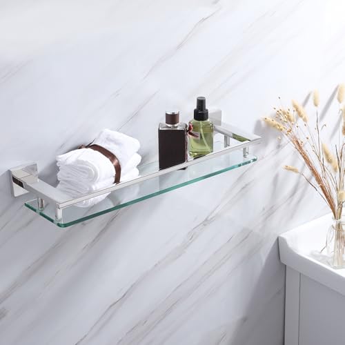 LANC Chrome Bathroom Shelf Glass Shelves 20-Inch Floating Tempered Glass Shelf Rectangular Stainless Steel Wall Mounted Silver Polished Shelves for Bathroom Kitchen Organizers Accessories，A7613CP