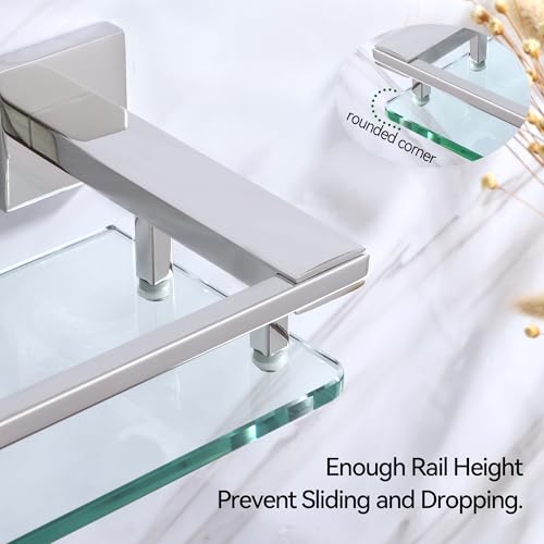 LANC Chrome Bathroom Shelf Glass Shelves 20-Inch Floating Tempered Glass Shelf Rectangular Stainless Steel Wall Mounted Silver Polished Shelves for Bathroom Kitchen Organizers Accessories，A7613CP