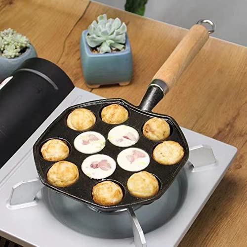 Takoyaki Maker, Cast Iron Takoyaki Pan 14 Holes Nonstick Baking Plate Pancake Grill Pan with Detachable Handle for Home Kitchen Restaurant