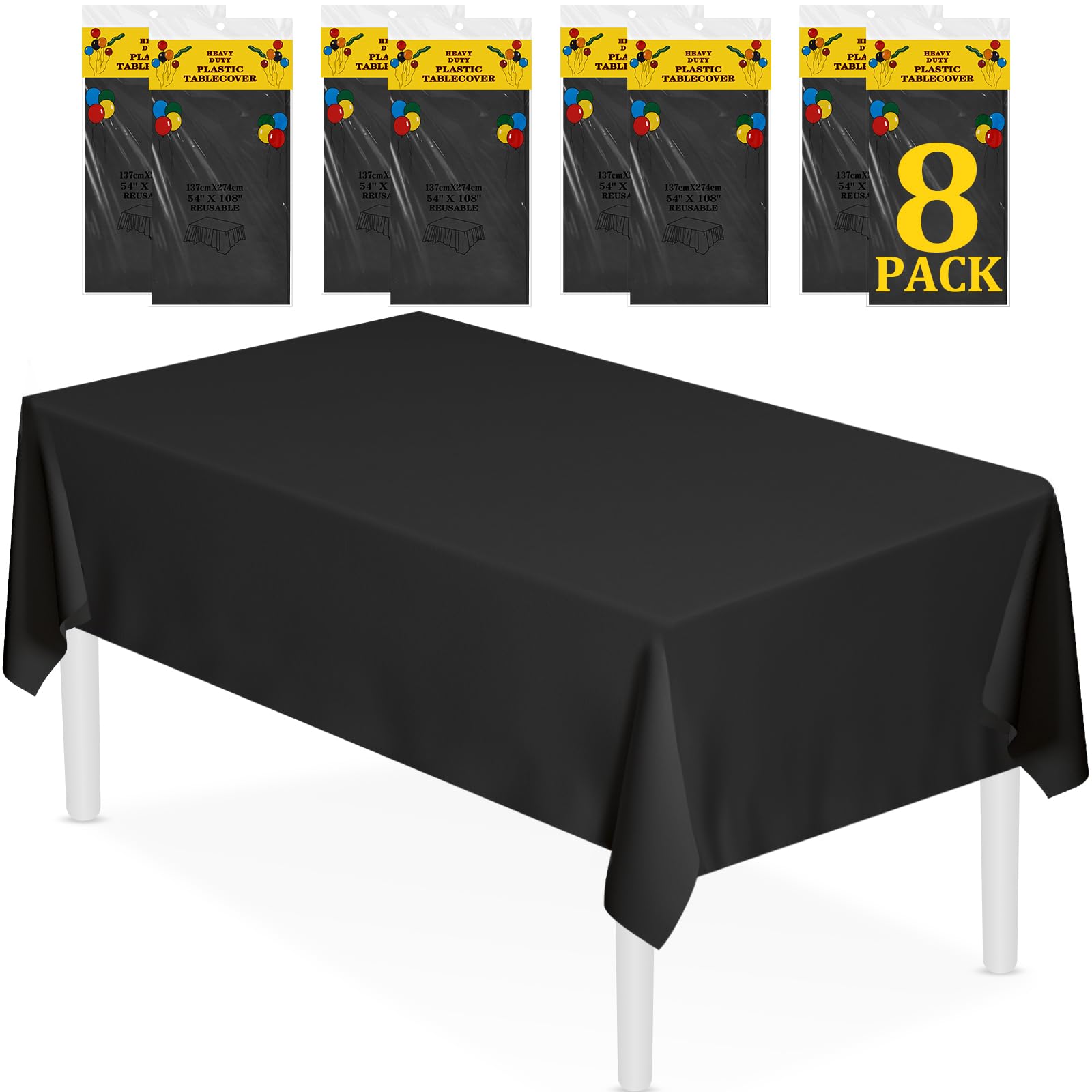 XSEINO 8 Pack 54" x 108" Premium Black Plastic Table Cloth,Disposable Rectangle Tablecloths Waterproof Table Cover for Birthday Wedding Anniversary Graduation Party Decorations Supplies