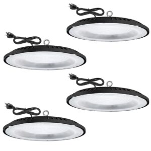 flyship ufo led high bay light, 150w high bay led shop lights 21000lm 5000k, ufo led high bay light for garage warehouse workshop factory gym barn, 5ft power cord, ip65 waterproof, 4 pack