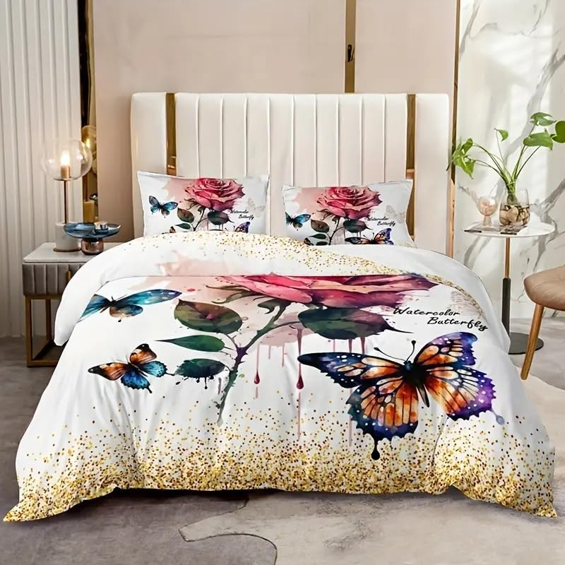 JAQWLL 3pcs Fashion Fresh Duvet Cover Set, Butterfly Floral Print Bedding Set, Soft Comfortable and Skin-Friendly Duvet Cover, for Bedroom Guest Room (1*Duvet Cover + 2*Pillowcase, Without Core) Twin