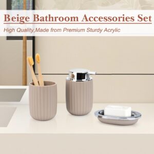 Boperzi Bathroom Accessory Set 8 PC: Bathroom Accessories Set with Trash Can, Lotion Dispenser, Soap Dish, Toothbrush Cup,Toilet Brush, Adhesive Hooks - Bathroom Decor Kit, Beige Bathroom Set Complete