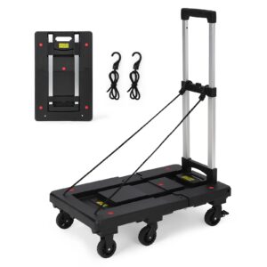 glowsol folding hand truck, 500 lb collapsible dolly cart, portable utility dolly grocery cart with 6 wheels & 2 elastic ropes for moving, luggage, travel, shopping, home, office use, black