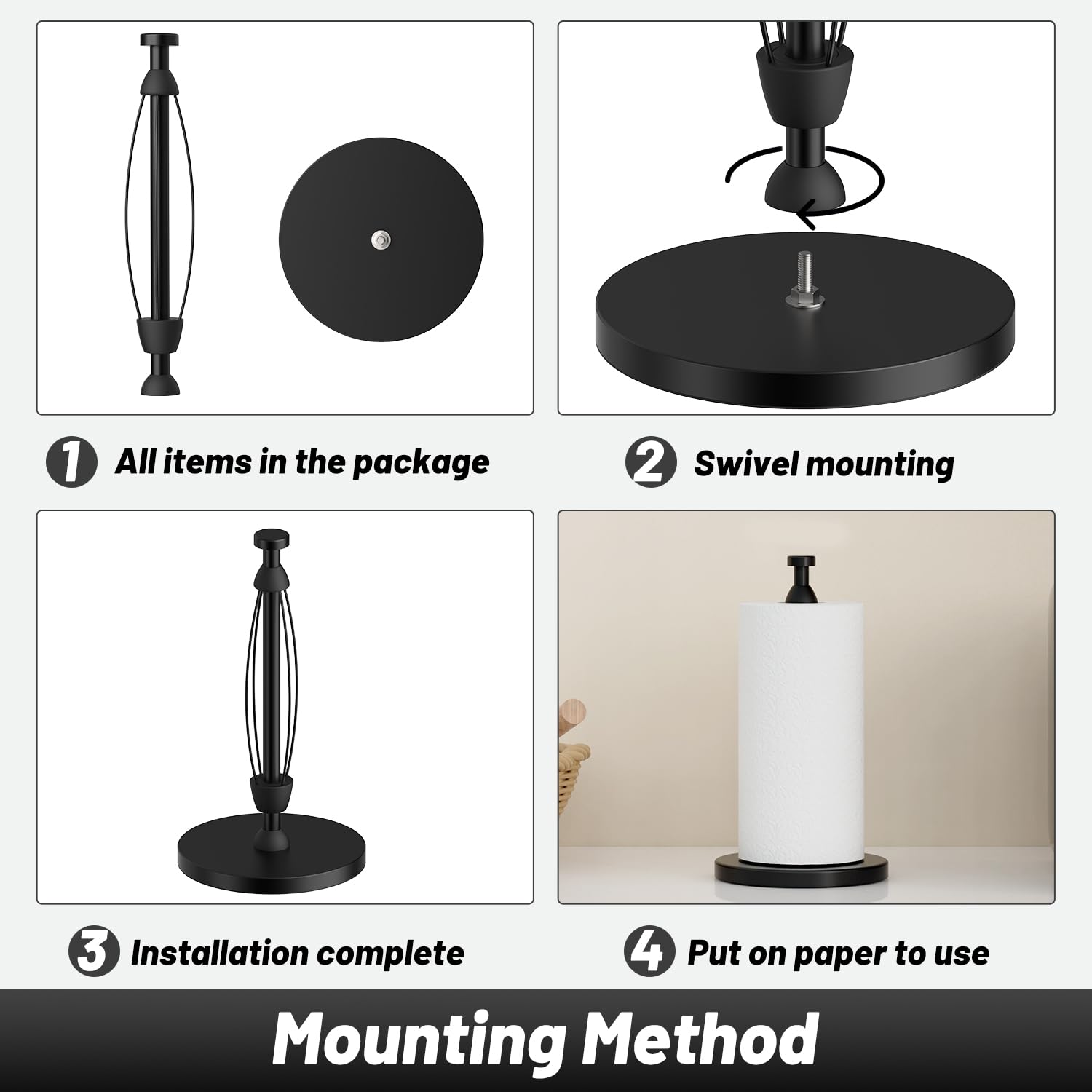 VEHHE Paper Towel Holder Countertop, Simply Tear Black Paper Towel Holder with Damping Effect & Non-Slip Suction Cups, Stainless Steel Paper Towel Stand for Bathroom Kitchen