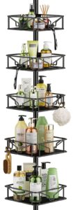 skycarper 5 tier adjustable corner shower caddy organizer with hooks,rustproof tension pole 62-116 inch, black