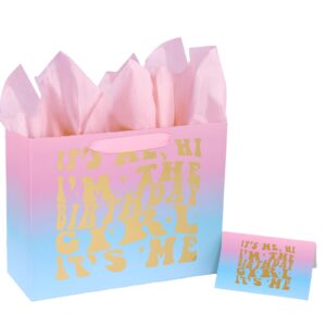 hapikers 13" pink and blue large gift bag with card and tissue paper for birthday girl baby shower party