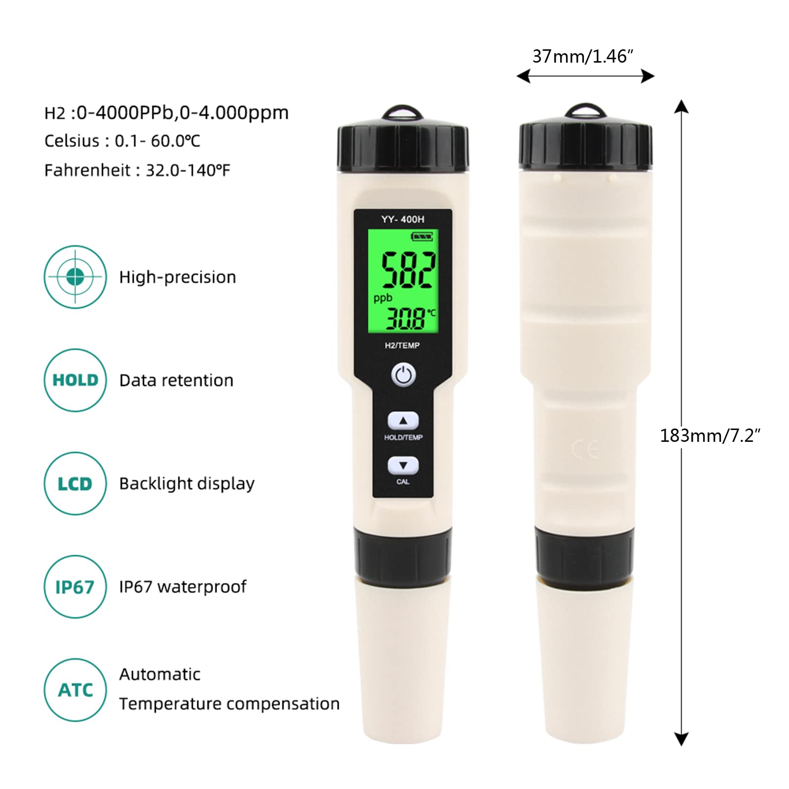 HUIFACAI Digital Hydrogen Meter Water Quality Tester with ATC Accuracy Pen Type Meter Data Hold Function LCD Displays Water Quality Tester for Drinking Water Water Quality Tester Ppm