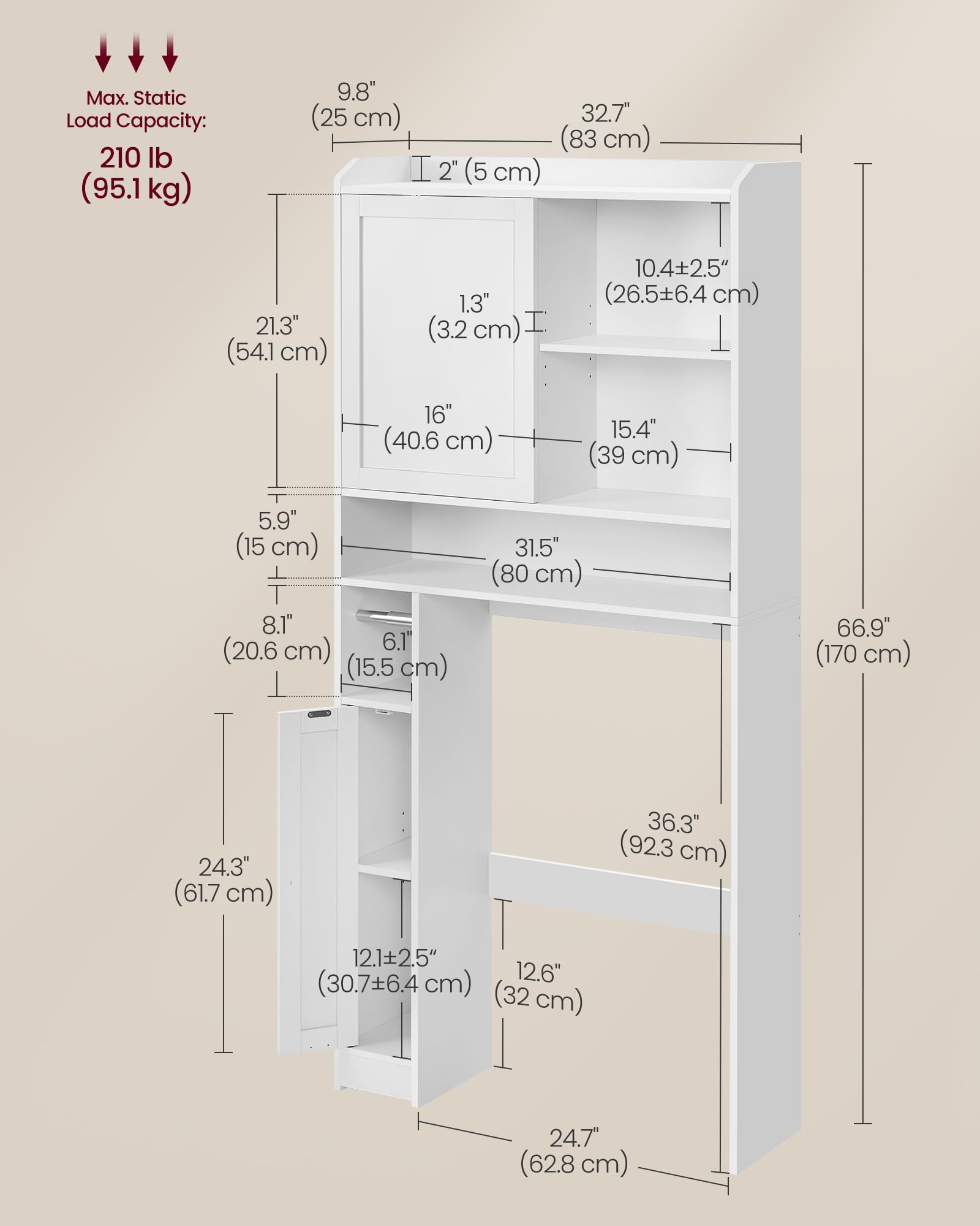 VASAGLE Over The Toilet Storage Shelf, Bathroom Storage Cabinet with Sliding Door, Adjustable Shelves, Toilet Paper Holder, Space-Saving, Modern, 9.8 x 32.7 x 66.9 Inches, Cloud White UBTS018W01