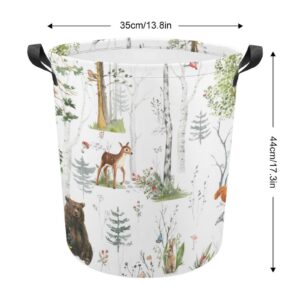 Woodland Animals Laundry Basket,Collapsible Clothes Hamper Waterproof Forest Fox Bear Deer Storage Basket with Handle Kids Room Jungle Deer Laundry Hamper with Drawstring