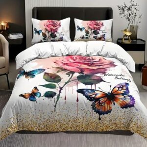 JAQWLL 3pcs Fashion Fresh Duvet Cover Set, Butterfly Floral Print Bedding Set, Soft Comfortable and Skin-Friendly Duvet Cover, for Bedroom Guest Room (1*Duvet Cover + 2*Pillowcase, Without Core) Twin