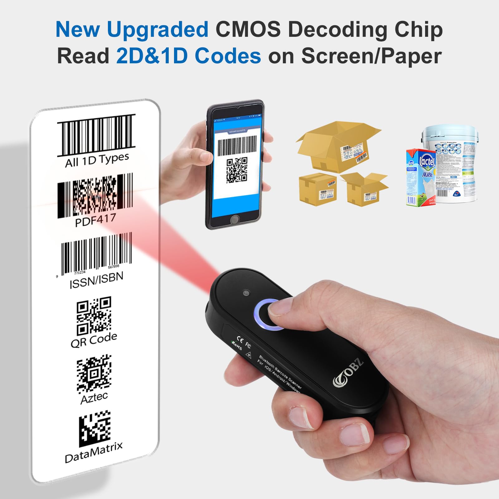 OBZ Mini Bluetooth Barcode Scanner, Upgraded 2D Wireless Barcode Scanner, Versatile 3-in-1 Portable Handheld USB 1D 2D QR Code Scanner Work with Mac OS, Windows, iOS, Android, Tablet, Phone, PC, POS