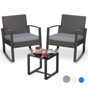 aiho 3 pieces patio furniture set, outdoor rocking chair sets with cushion, modern rattan conversation sets for porches and balcony, gray cushion