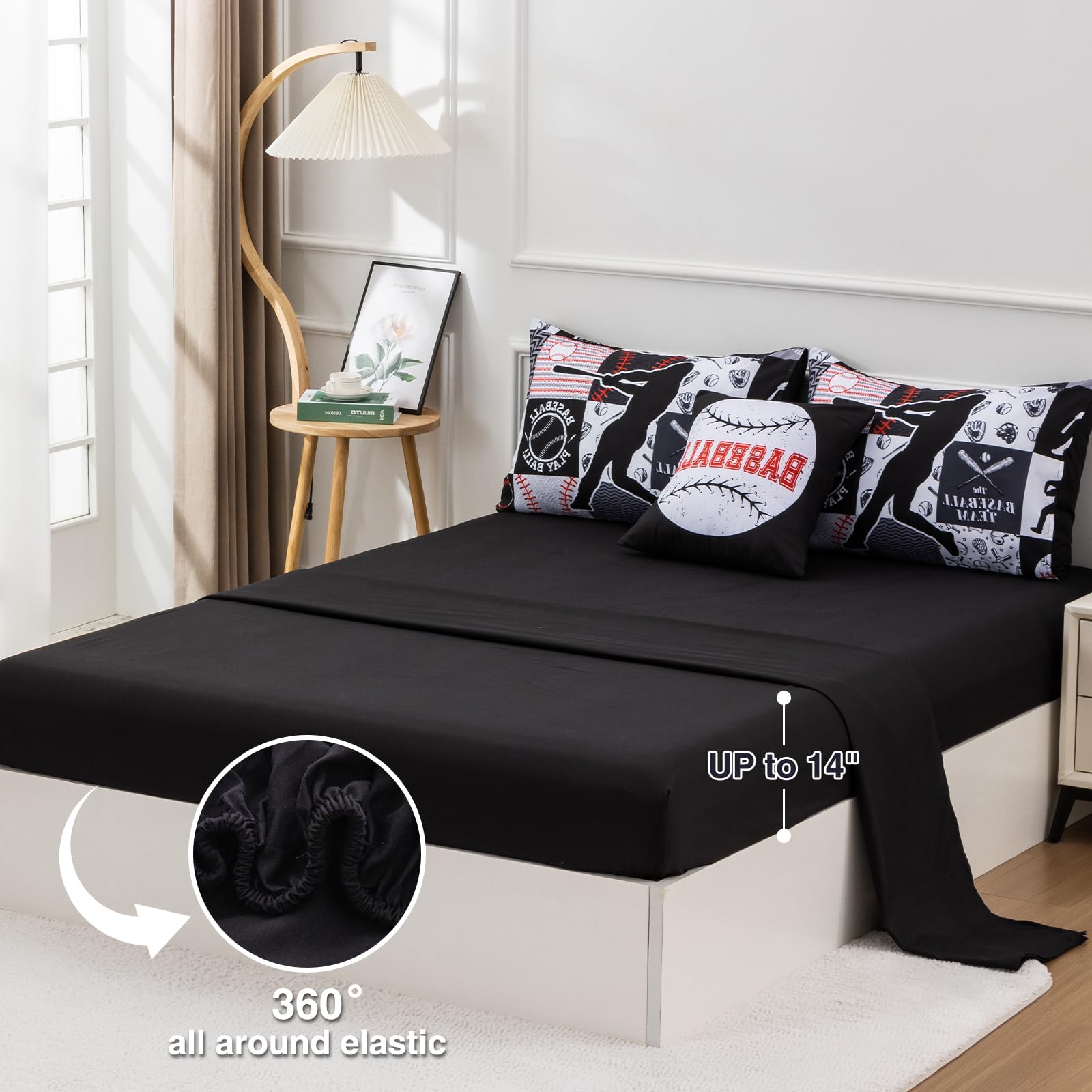 A Nice Night Sports Geometric Grid Black Patchwork Baseball Printed for Boys Twin 6Pcs Bed in A Bag Comforter Bedding Set,Black