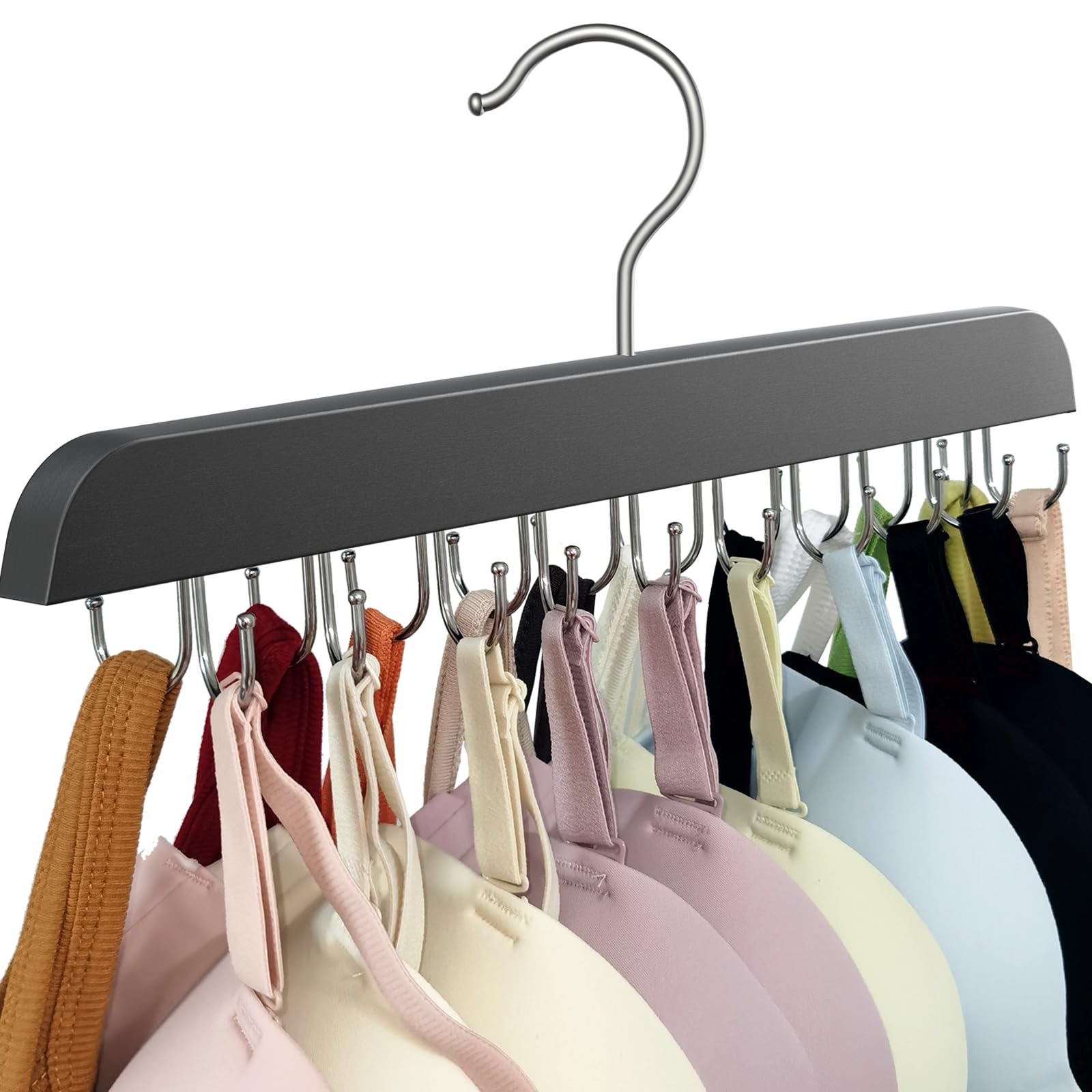 Ftumertly Bra Hanger for Closet, Tank Top Hanger with 20 Hooks Belt Organizer, Wood Belt Hanger 360°Rotating Belt Rack Closet Organizers and Storage for for Tie, Bra, Scarf, Tank Top - Black, 1 Pack