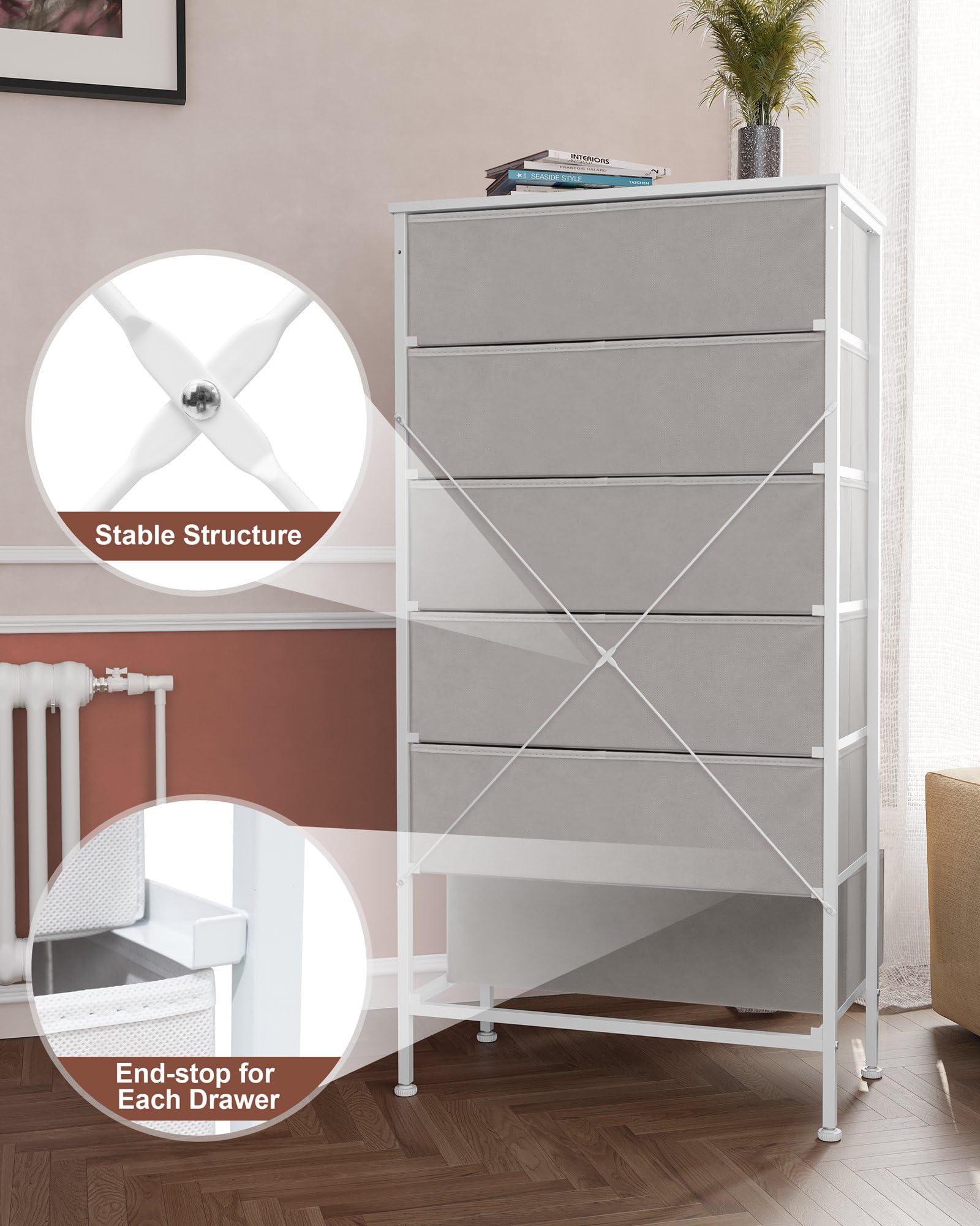 Crestlive Products Rattan Dresser Storage Tower, Tall Fabric Dresser, Chests of Drawers, Wood Top &Wood Handles - Organizer Unit for Bedroom, Hallway, Entryway, Closets - 6 Drawers (White)