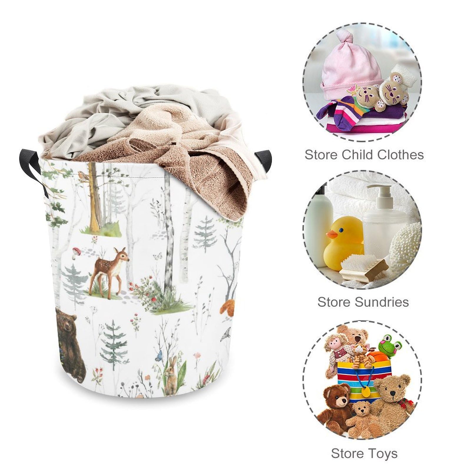 Woodland Animals Laundry Basket,Collapsible Clothes Hamper Waterproof Forest Fox Bear Deer Storage Basket with Handle Kids Room Jungle Deer Laundry Hamper with Drawstring