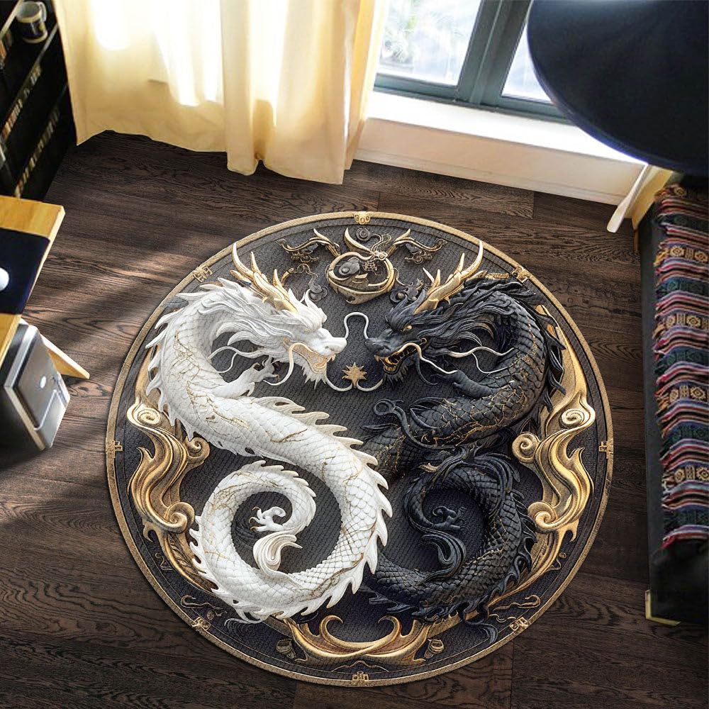 Personalized 3D Yin Yang Asian Dragon Element Area Rug, Anti-skid Lounge Mat, Indoor Decorative Throw Carpet, Suitable for Leisure Area Bedside Accessories Cloakroom, White and Black Dragon -3