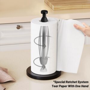 VEHHE Paper Towel Holder Countertop, Simply Tear Black Paper Towel Holder with Damping Effect & Non-Slip Suction Cups, Stainless Steel Paper Towel Stand for Bathroom Kitchen