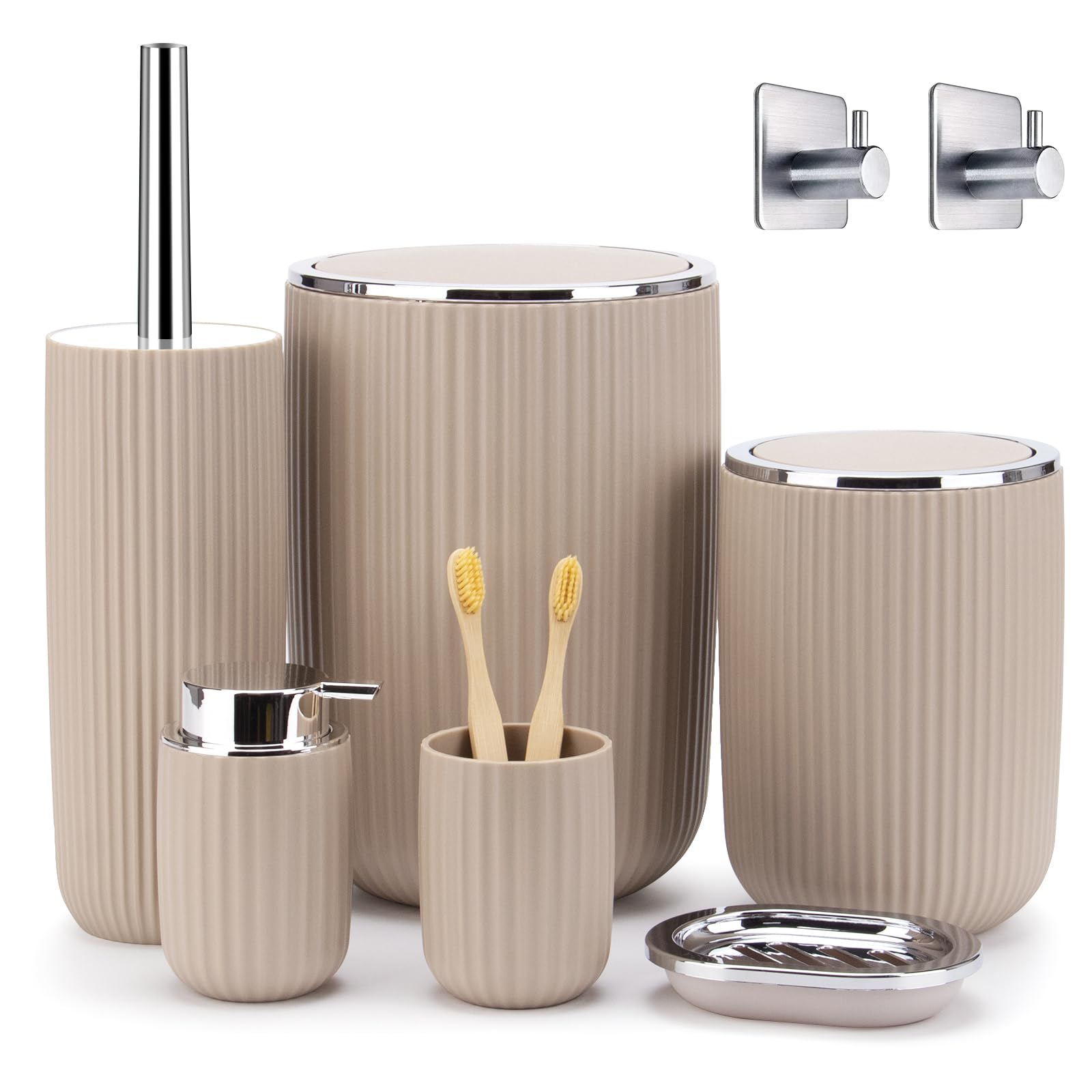 Boperzi Bathroom Accessory Set 8 PC: Bathroom Accessories Set with Trash Can, Lotion Dispenser, Soap Dish, Toothbrush Cup,Toilet Brush, Adhesive Hooks - Bathroom Decor Kit, Beige Bathroom Set Complete