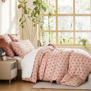 Nayoroom Pink Heart Duvet Cover Queen Size 100% Cotton Cute Romantic Love Heart-Shaped Comforter Cover for Kids Girls 3 Pieces Soft Breathable Elegant Comforter Cover with Zipper Closure