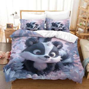 THUBDYEA Skunk Bedding Set 3D PrintedSiberian Sled Dog Quilt Cover Comforter Covers Duvet Cover for Childrens and Adults with Pillowcases Microfiber 3 Pieces with Zipper Closure Queen（228x228cm）