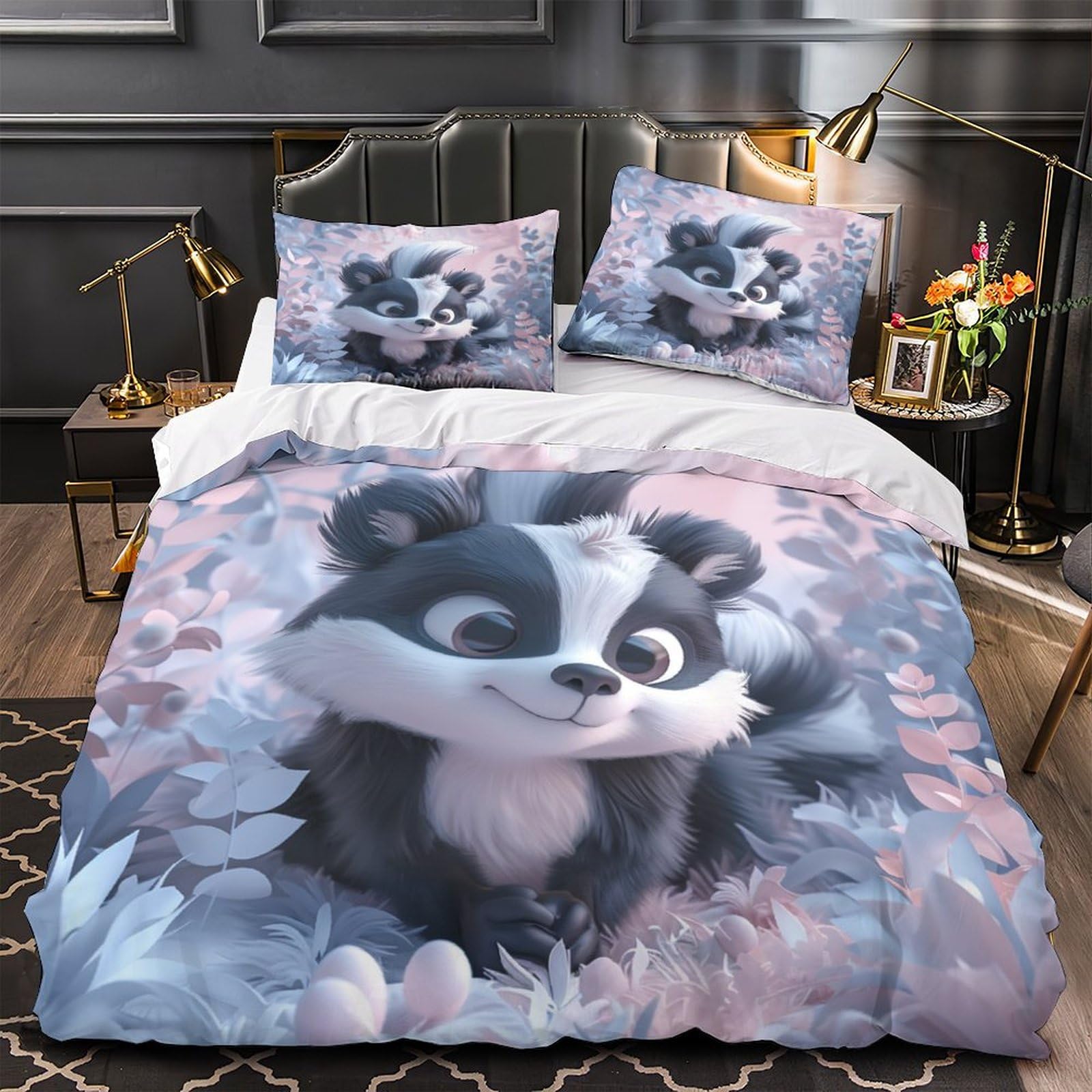 THUBDYEA Skunk Bedding Set 3D PrintedSiberian Sled Dog Quilt Cover Comforter Covers Duvet Cover for Childrens and Adults with Pillowcases Microfiber 3 Pieces with Zipper Closure Queen（228x228cm）