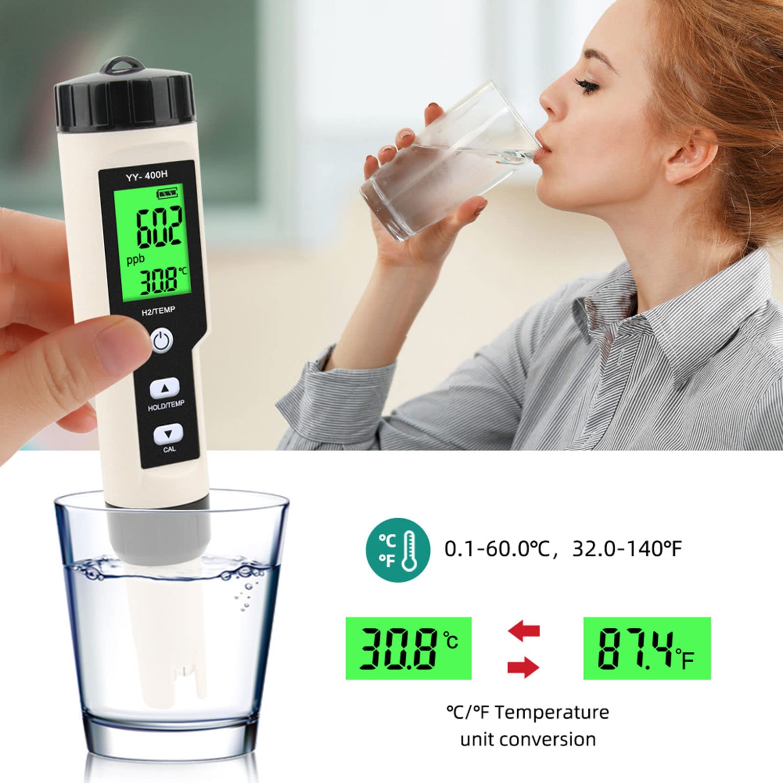 HUIFACAI Digital Hydrogen Meter Water Quality Tester with ATC Accuracy Pen Type Meter Data Hold Function LCD Displays Water Quality Tester for Drinking Water Water Quality Tester Ppm