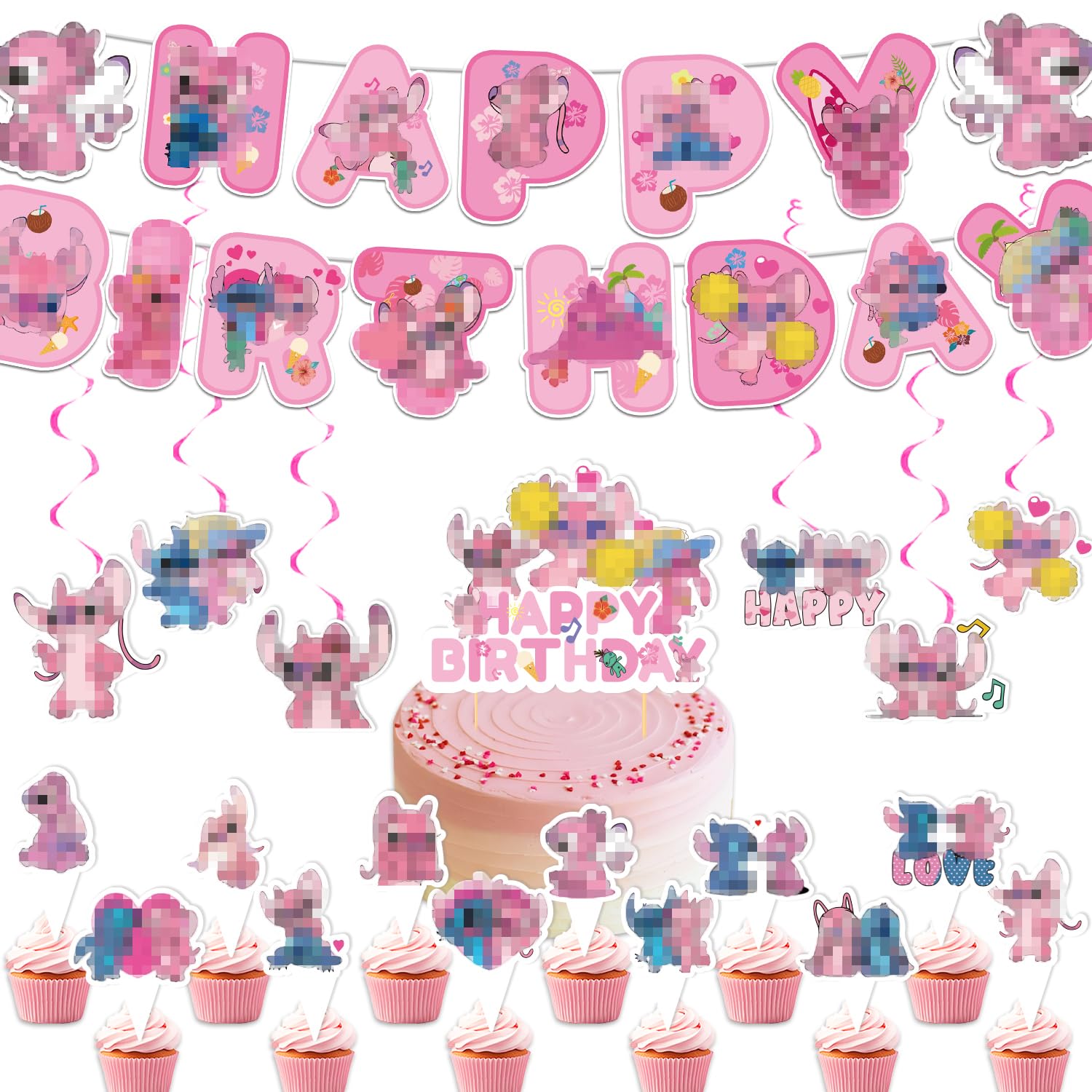 Generic Pink stich Birthday Decorations stich Birthday Party Supplies stich Happy Birthday Banner Hanging Swirls Cake Topper Balloons Tablecloth for Birthday Party Supplies