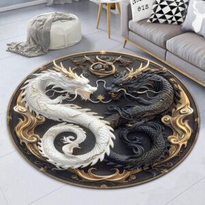 Personalized 3D Yin Yang Asian Dragon Element Area Rug, Anti-skid Lounge Mat, Indoor Decorative Throw Carpet, Suitable for Leisure Area Bedside Accessories Cloakroom, White and Black Dragon -3