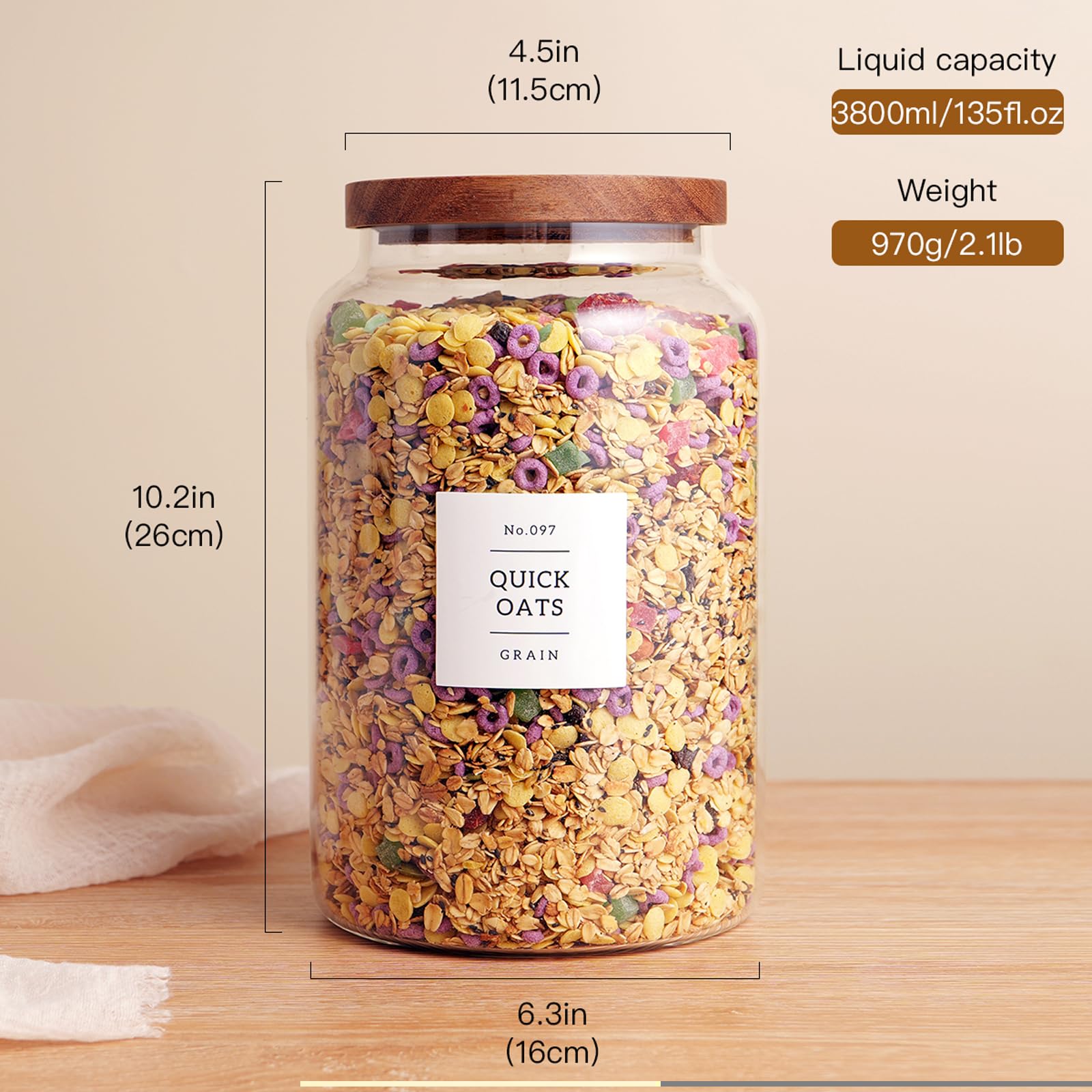 CZHQSMZ Set of 2 Large Glass Flour and Sugar Containers with 132 Pantry Labels - Glass Food Storage Jars with Airtight Bamboo Lid for Flour Pasta Candy Coffee Cookie and More(1 Gallon/4000 ml)