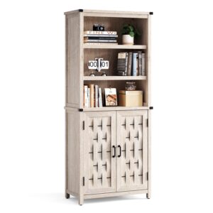 linsy home farmhouse bookcases with doors, floor standing 6-shelf display storage shelves, 72 in tall bookshelves for home office, living room, light gray