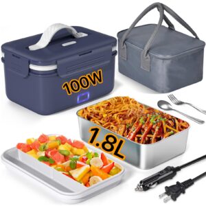 akhia electric lunch box for adults, 100w/1.8l heated lunch box for men work/car/truck, portable food warmer lunch box upgraded with fork&spoon and insulated carry bag, 12v/24v/110v