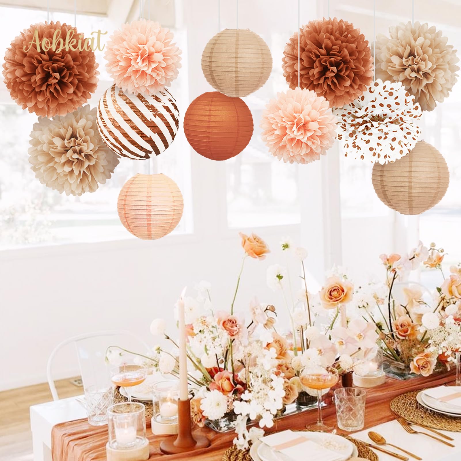 AOBKIAT Fall Boho Party Decorations Set,12PCS Brown Orange Paper Pom Poms Lanterns for Thanksgving Pumpkin Party,Natural Baby Shower,Bridal Shower,Engagement,Class School Office Decor