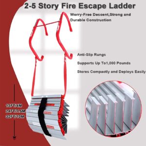 Escape Ladder for Homes, 32FT Retractable Fire Safety Ladder with Wide Steps for Adults and Kids, Portable Emergency Window Exit Kit