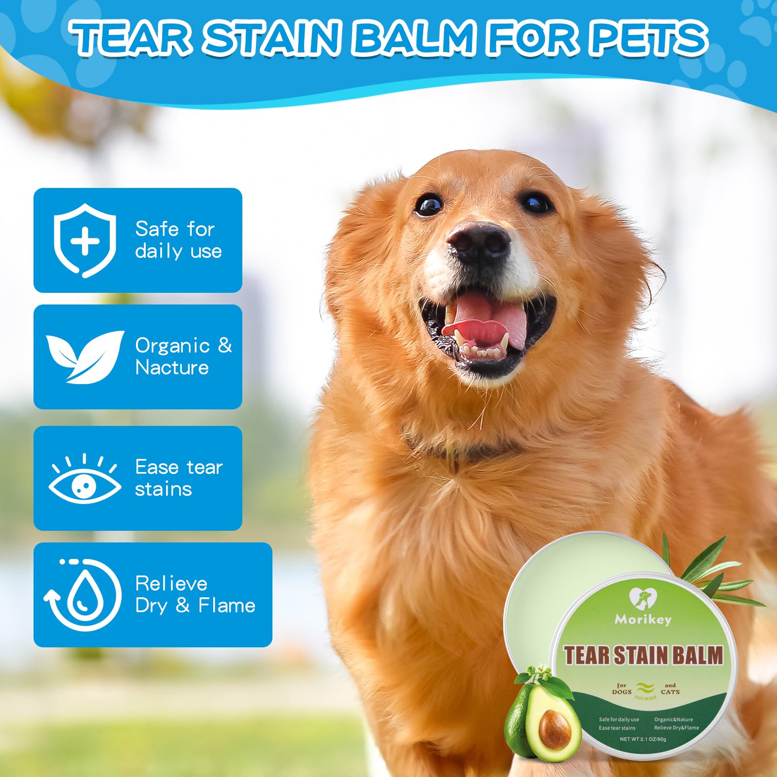 Morikey Pet Tear Stain Remove Balm,2.1oz 100% Organic & Natural Planted Balm Soother & Moisturizer Eye Care for Dogs and Cats,Relief Eye Area Dry, Tear Stain,Gentle and Non-Irritation