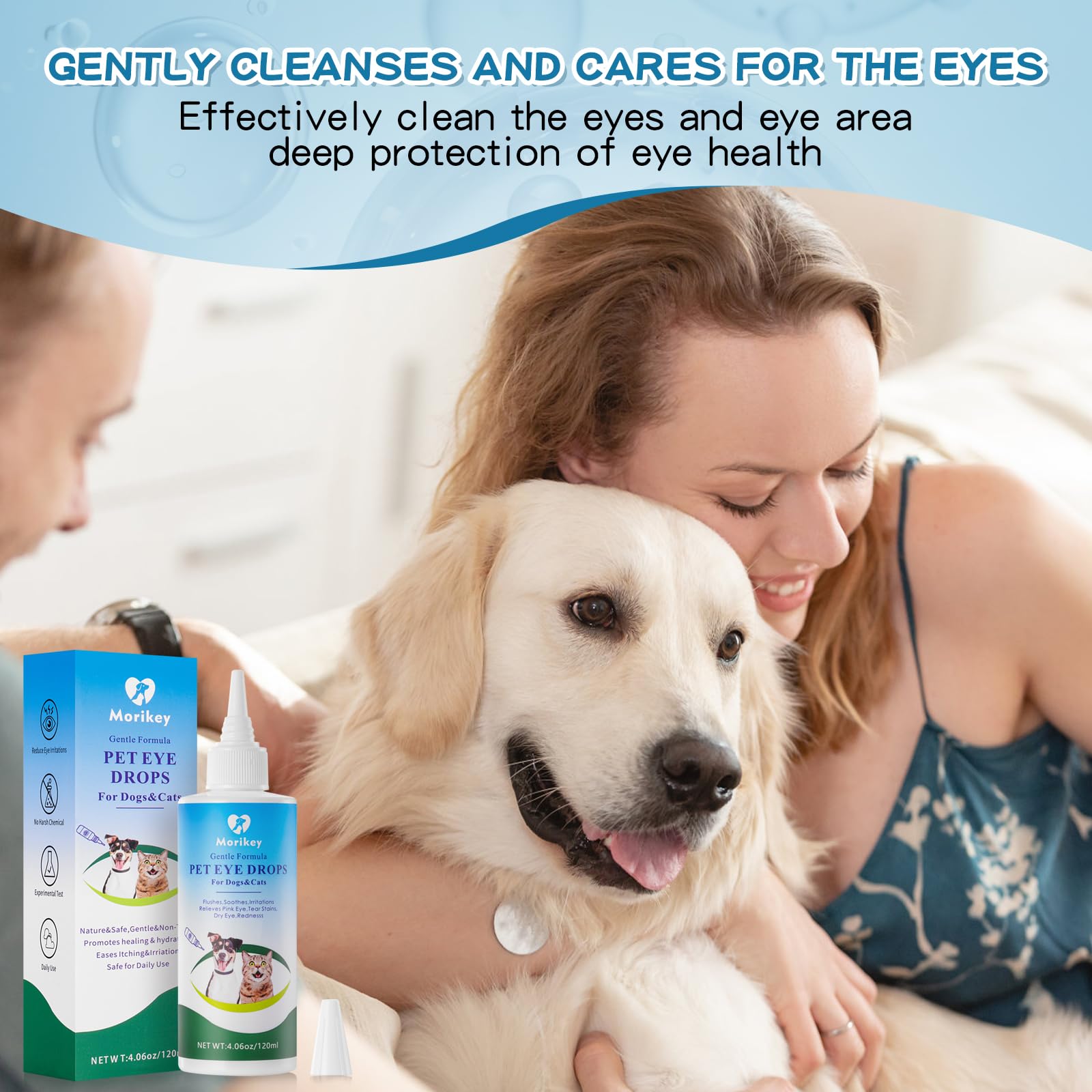 Morikey Pet Eye Drops,Gentle&Safe Dog Eye Drop for Infection,Relieve Eyes Itching & Irritation,Remove Tear Stains,Safe for All Animals, 4.06oz,120ml