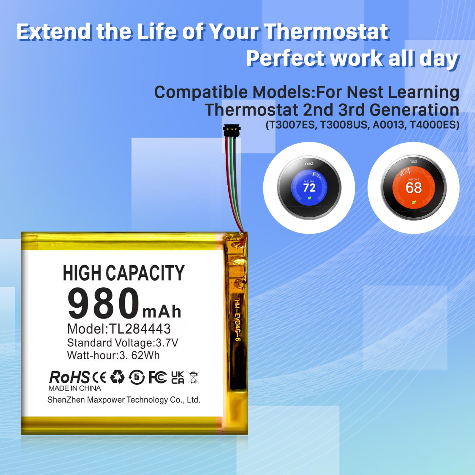 KOOAQQ TL284443 Battery, 980mAh Ultra High Capacity Li-Polymer Battery Replacement Compatible with Nest Learning Thermostat 2nd 3rd Generation, T3007ES, T3008US, T4000ES, A0013 with Repair Tools