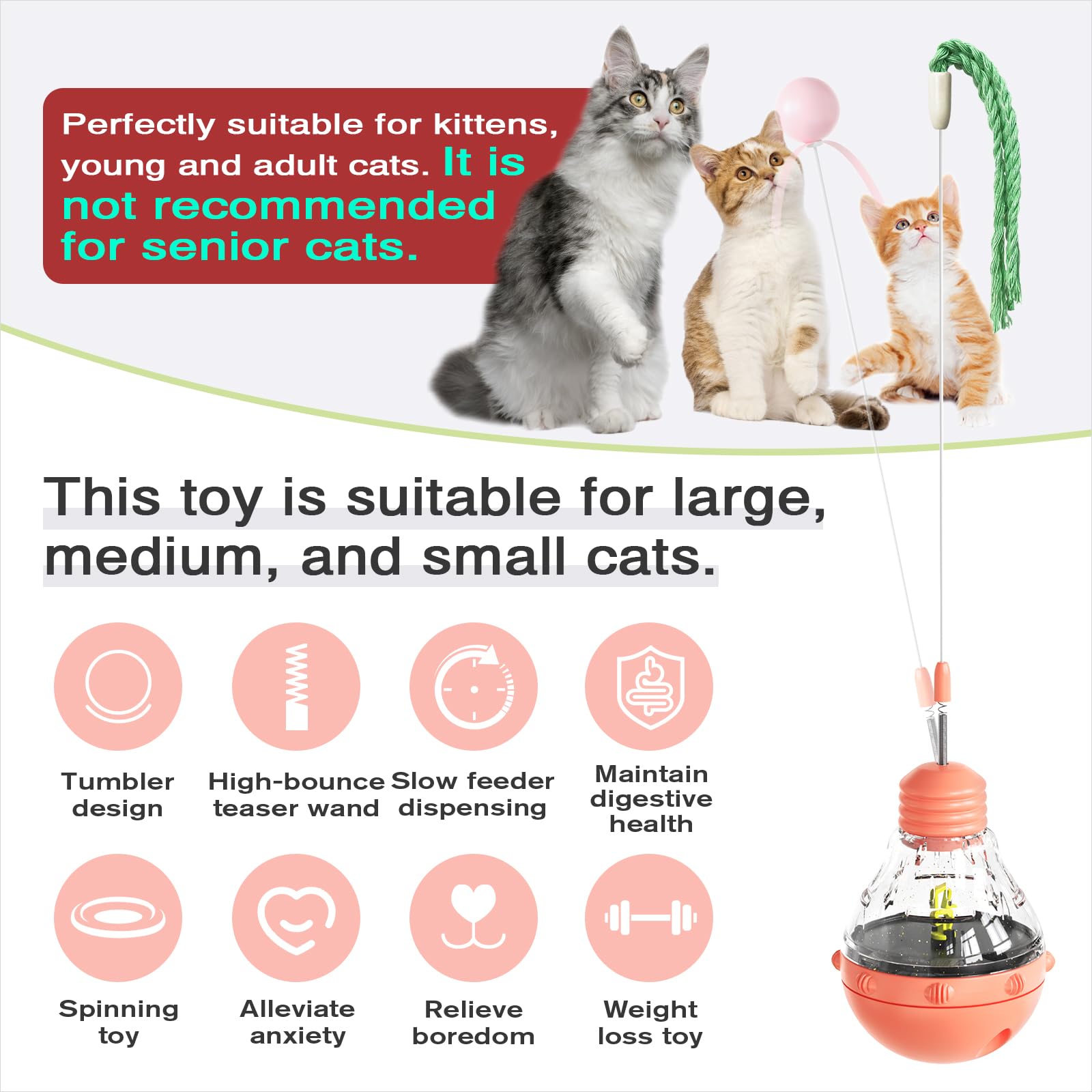 TLKNG Cat Interactive Toys for Indoor Cats Kitten Wand Toy Weight Loss Kitty Funny Balls Slow Food Dispenser Feeder Treat Dispensing Feeding Pet Supplies Birthday Gift A