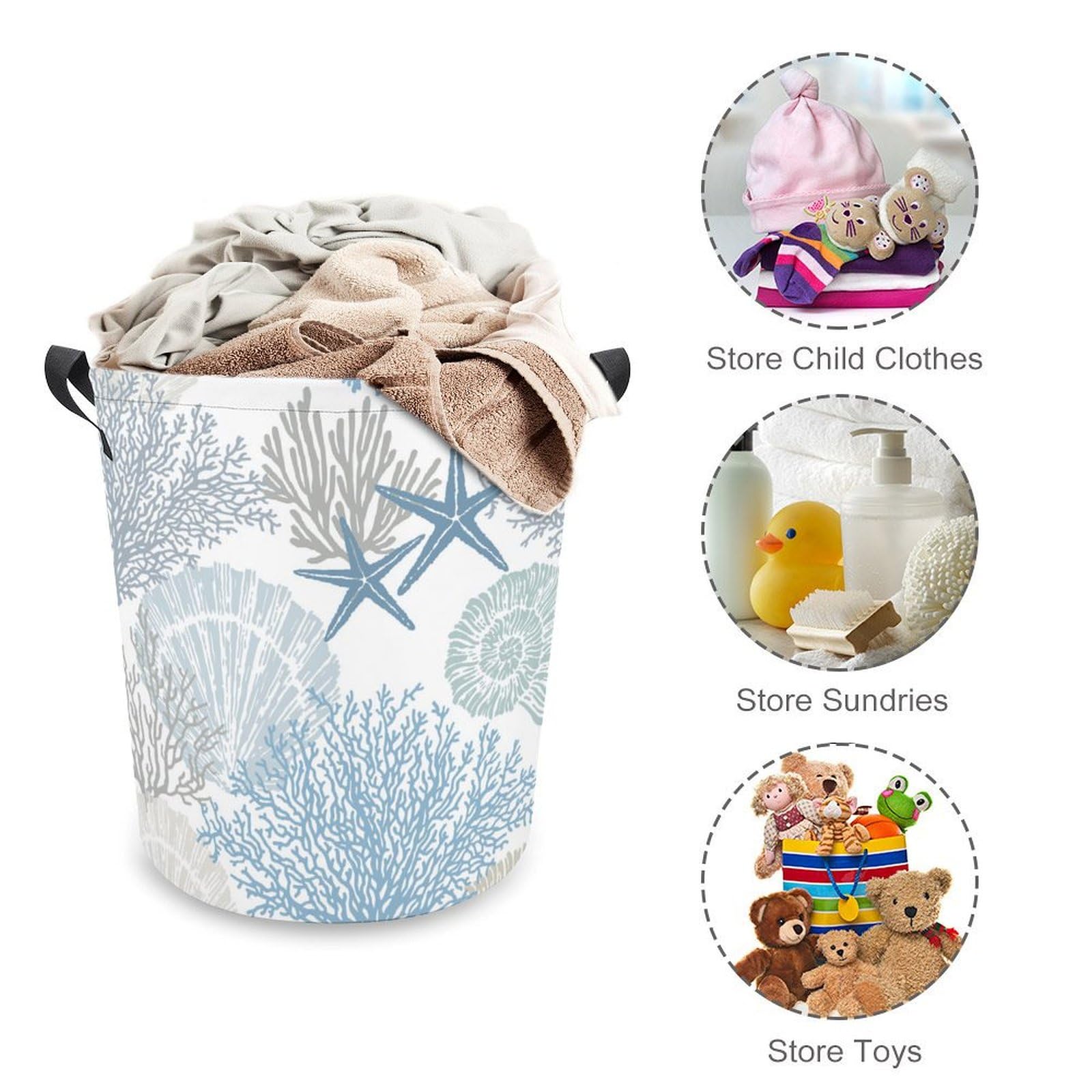 Laundry Basket Ocean Coastal Coral Starfish Seahorse,Waterproof Collapsible Clothes Hamper Blue Sealife Sea Shell,Large Storage Bag for Bedroom Bathroom